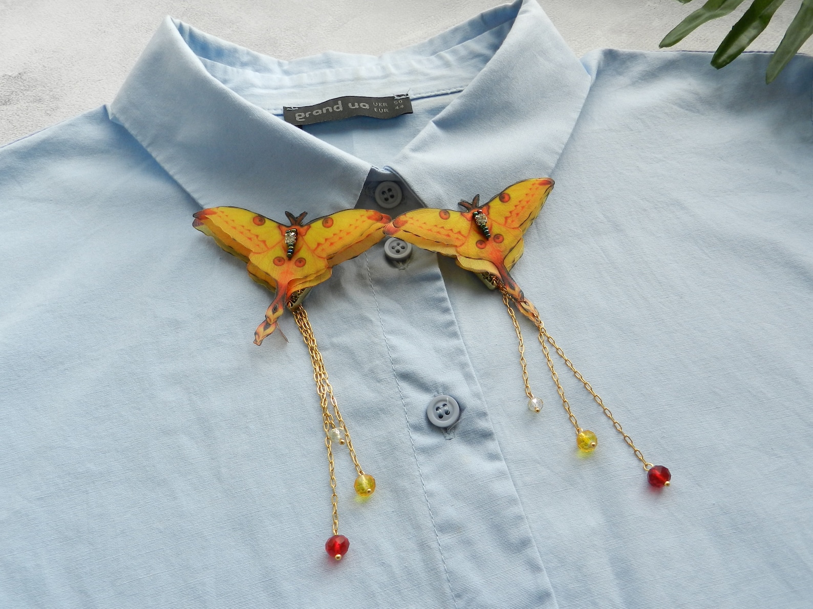 Silk Luna Moth Butterfly Collar Clip With Chains - Lapel Pin Brooch ...