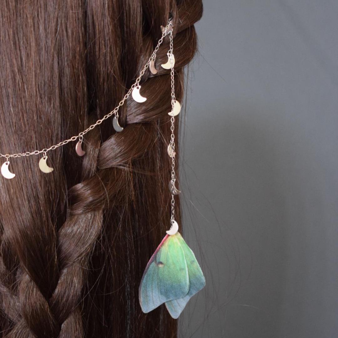 Green Luna Moth Hair Drape Pin – Silver Crescent Moon Silk Butterfly ...