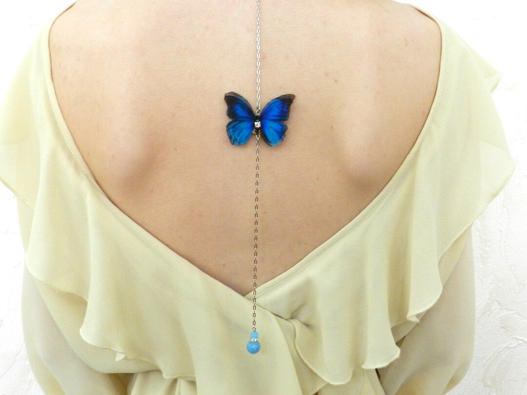 Blue Butterfly Backdrop Necklace With Crystals for Wedding Dress - Etsy