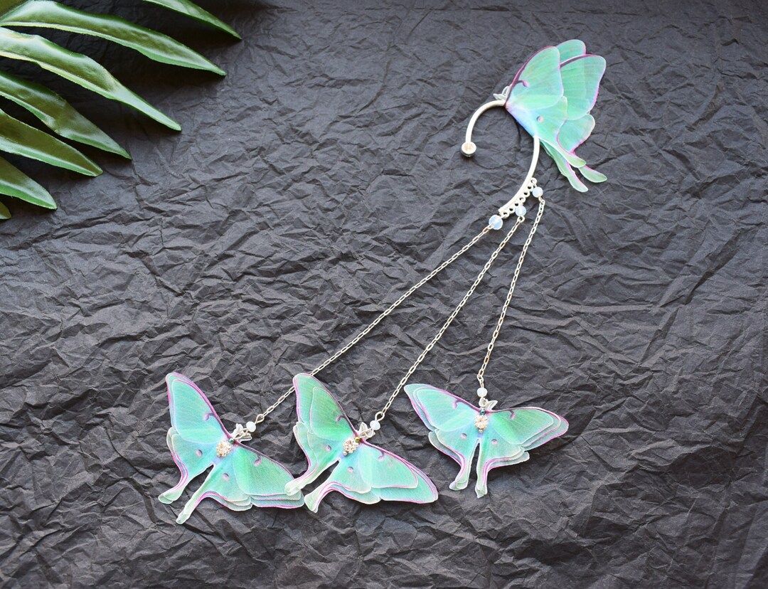 Luna Moth Ear Cuff No Piercing Butterflies Silk Long Ear Climber ...