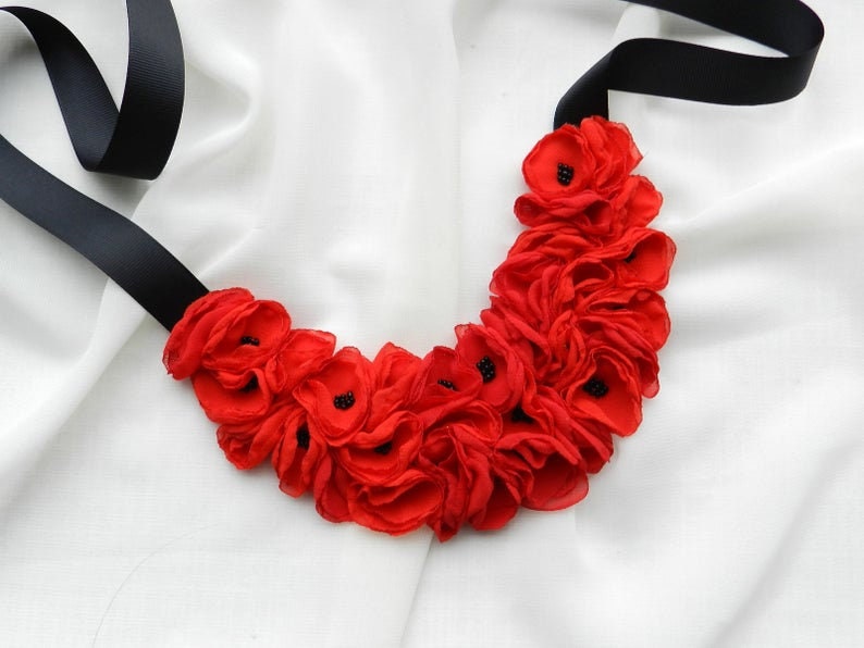 Red Fabric Floral Necklace Statement Necklace Handmade Flower Necklace ...