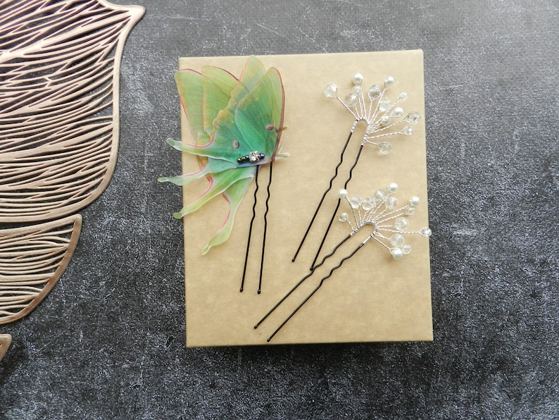 Silk Luna Moth Butterflies Hair Pins With Crystals Hair - Etsy