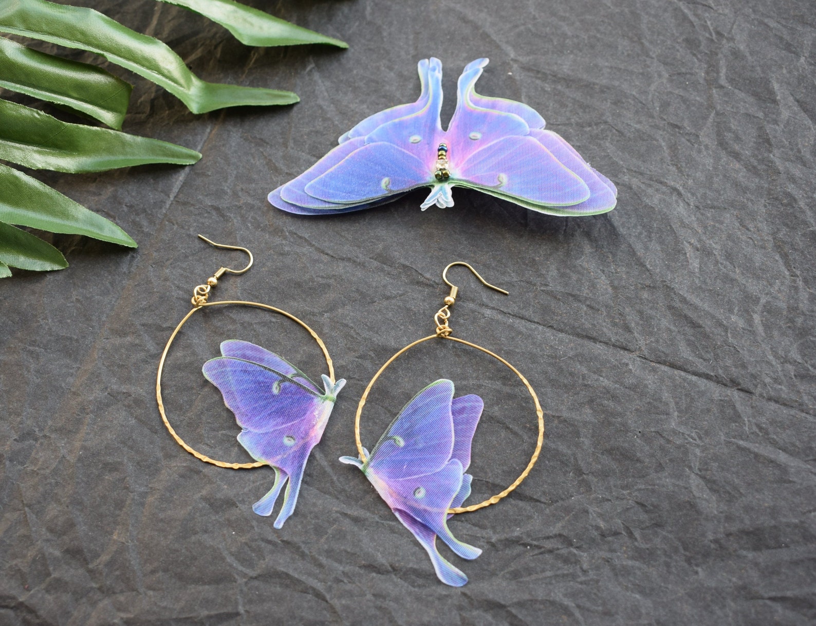 Purple Luna Moth Hoop Earrings and Hair Clip With Silk Organza Moving ...