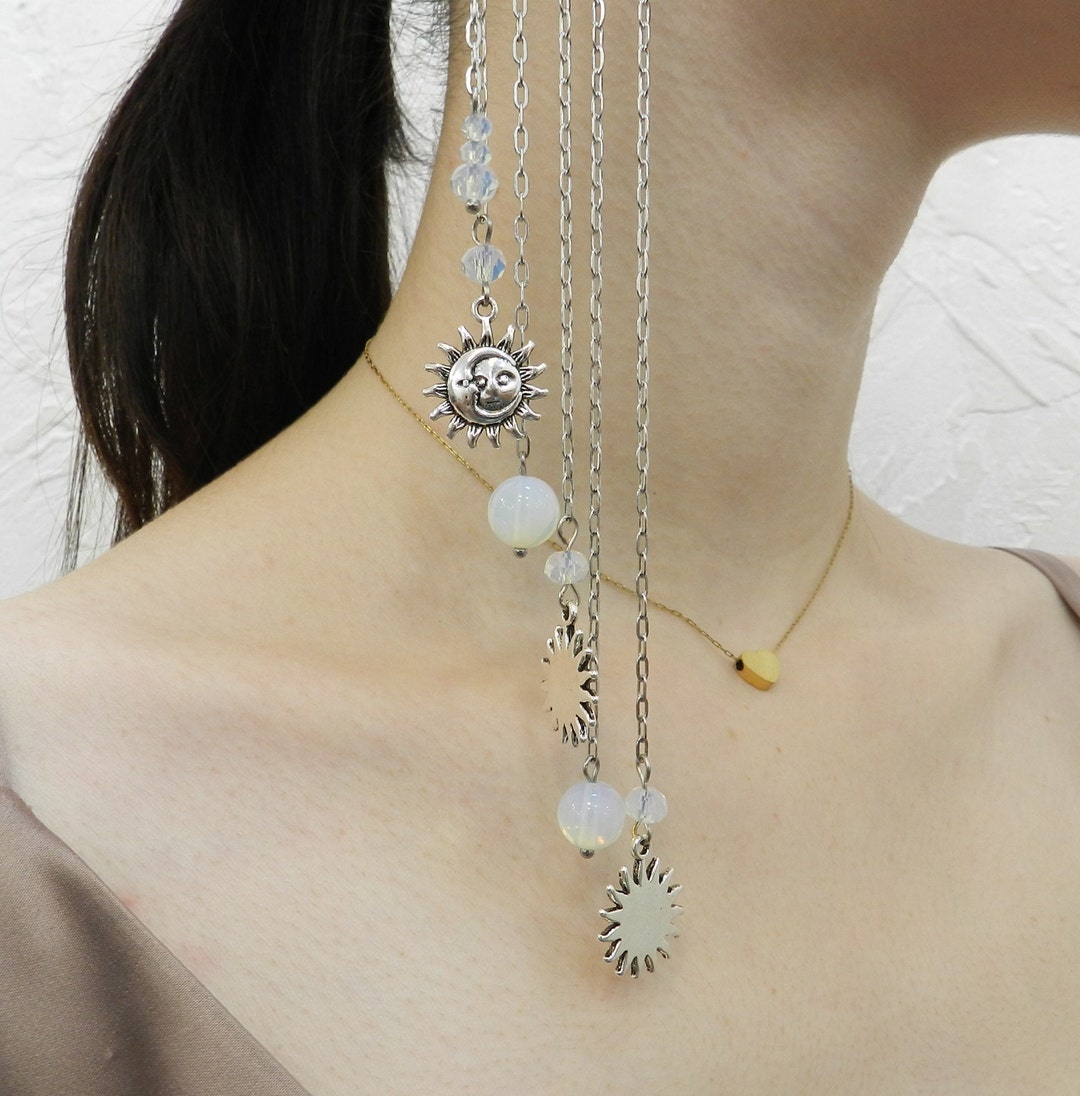 Sun and Moon Ear Cuff No Piercing With Crystals Extra Long Chain Ear ...