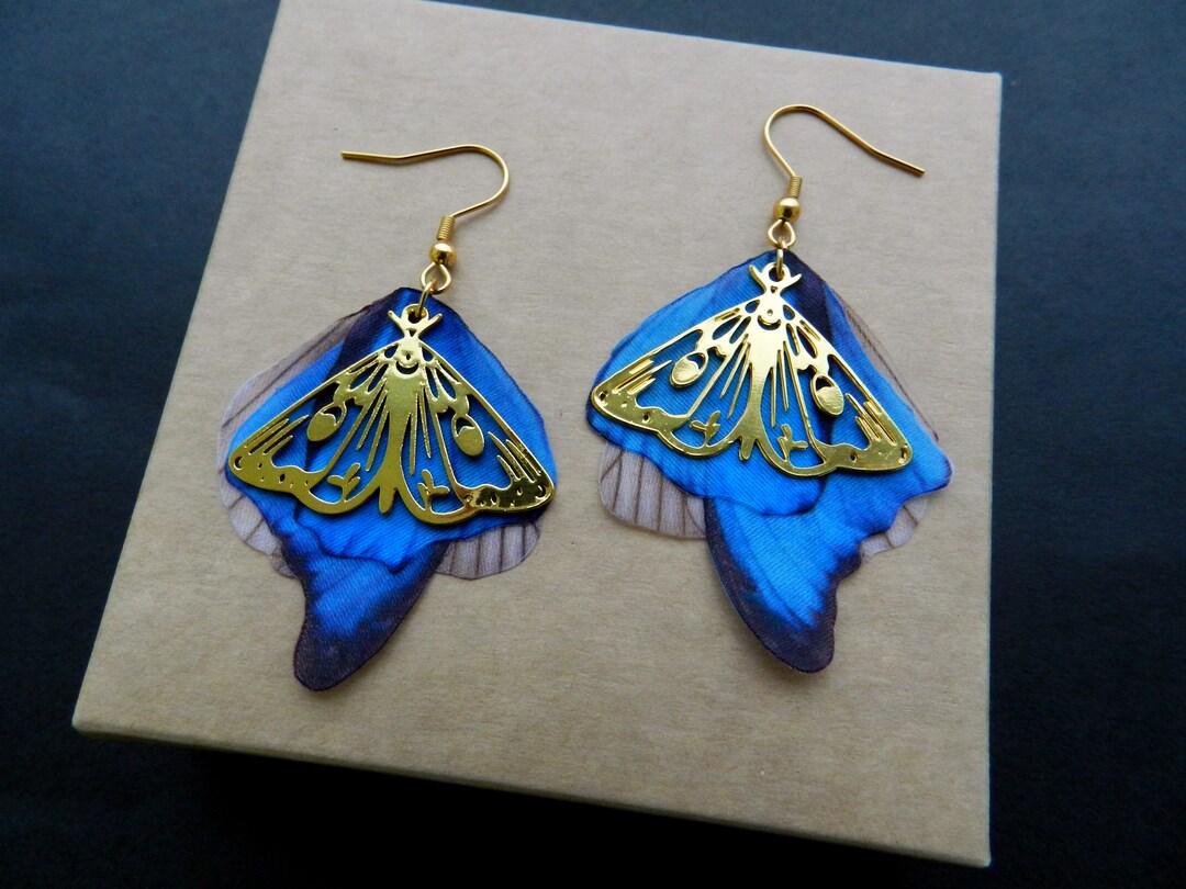 Silk Butterfly Wings Drop Earrings With Golden Metal Moth Pendant - Etsy