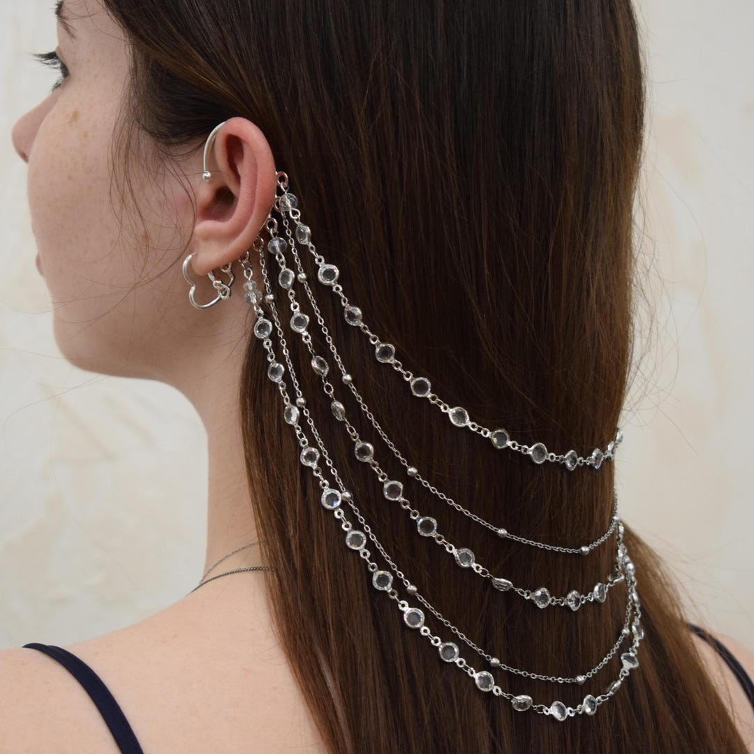 Handmade Crystal Hair Chain Double Ear Cuff No Piercing Boho Festival ...