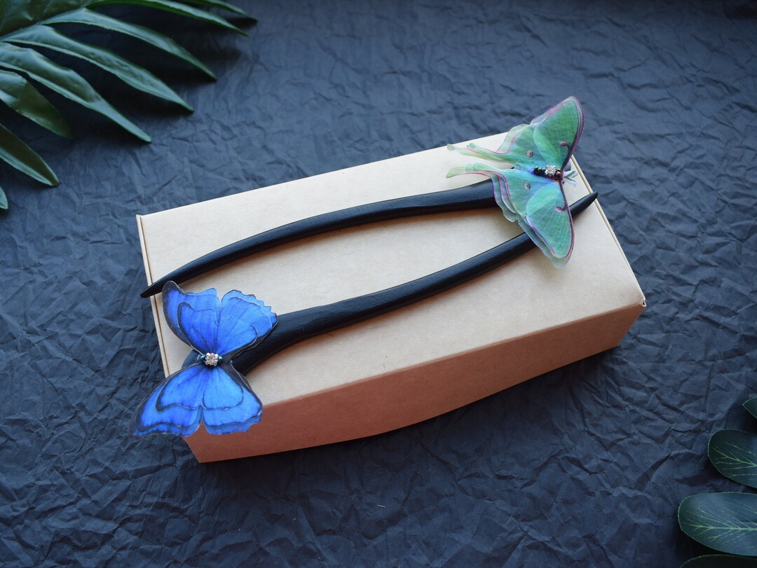 Wooden Hair Stick Silk Luna Moth or Morpho Butterfly Single Prong Hair ...