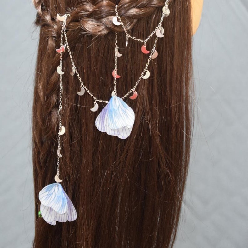 Silk Butterfly Hair Drape Silver Crescent Moon Long Chain Pendants Hair ...