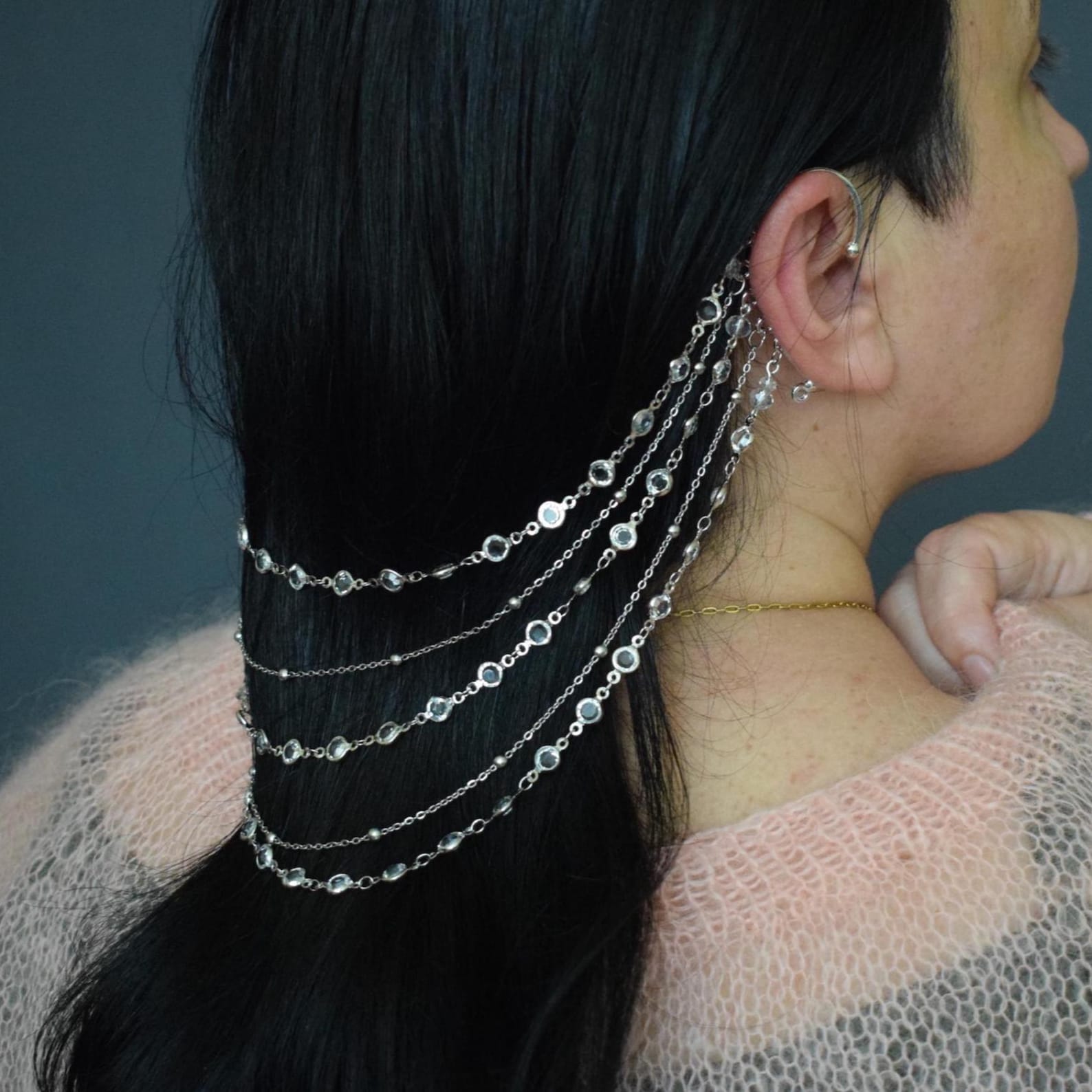 Handmade Crystal Hair Chain Double Ear Cuff No Piercing Boho Festival ...