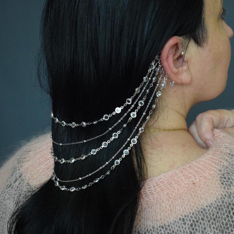 Handmade Crystal Hair Chain Double Ear Cuff No Piercing Boho Festival ...
