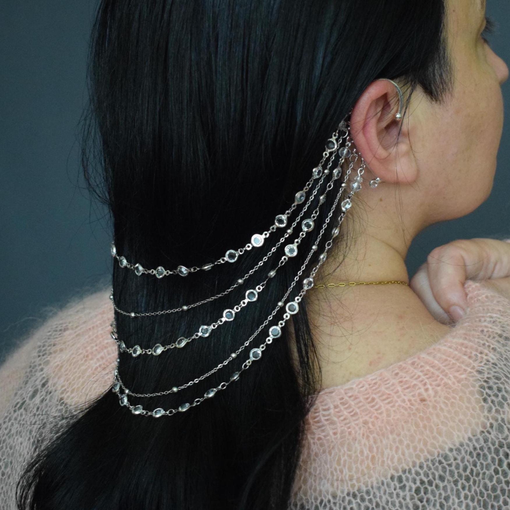 Handmade Crystal Hair Chain Double Ear Cuff No Piercing Boho Festival ...