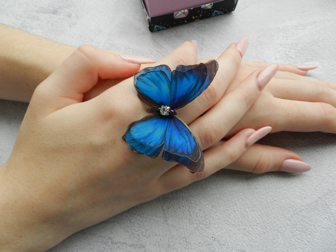 Morpho Blue Silk Butterfly Unique Ring Adjustable Size - Etsy