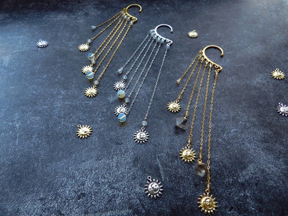 Sun and Moon Ear Cuff No Piercing With Crystals Extra Long | Etsy