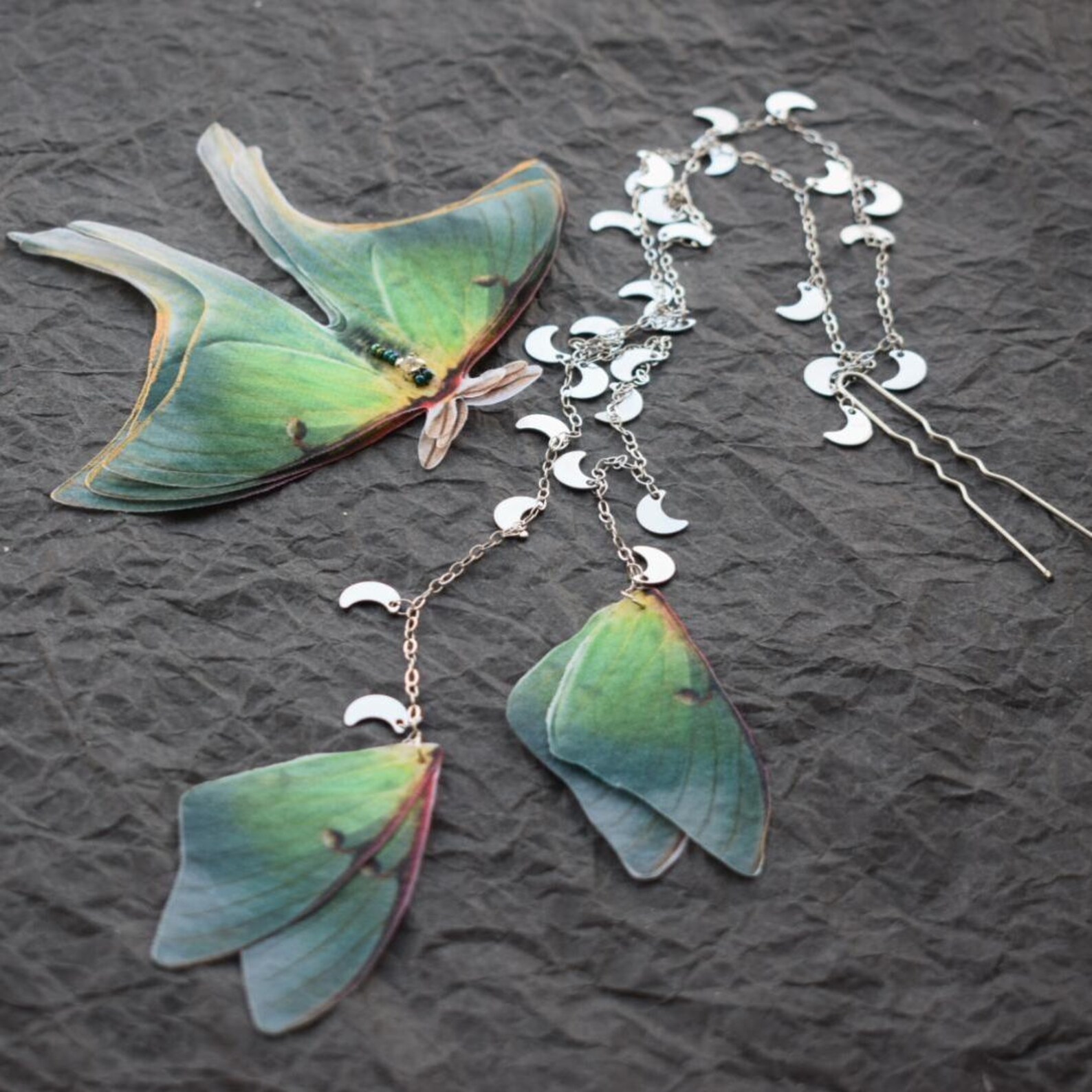 Green Luna Moth Hair Drape Pin – Silver Crescent Moon Silk Butterfly ...