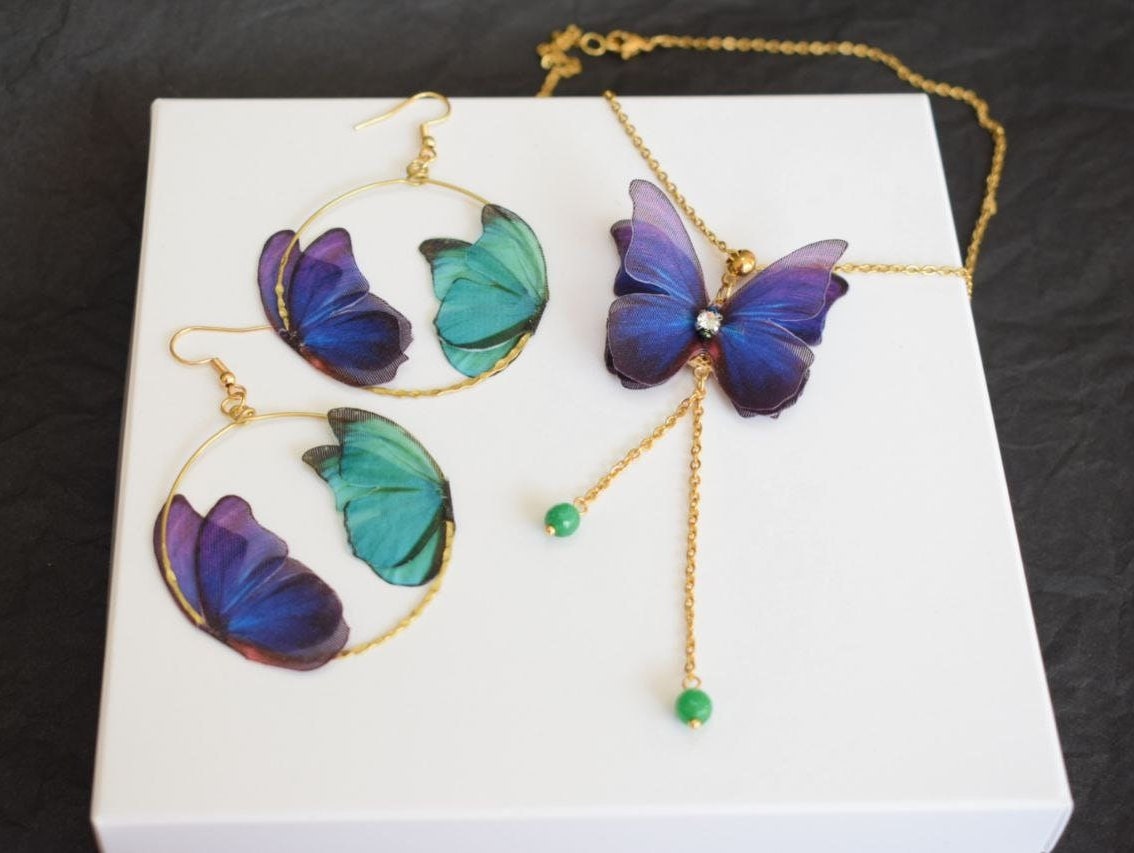 Silk Blue Purple Butterfly Necklace Earrings Jewelry Set Gift - Etsy