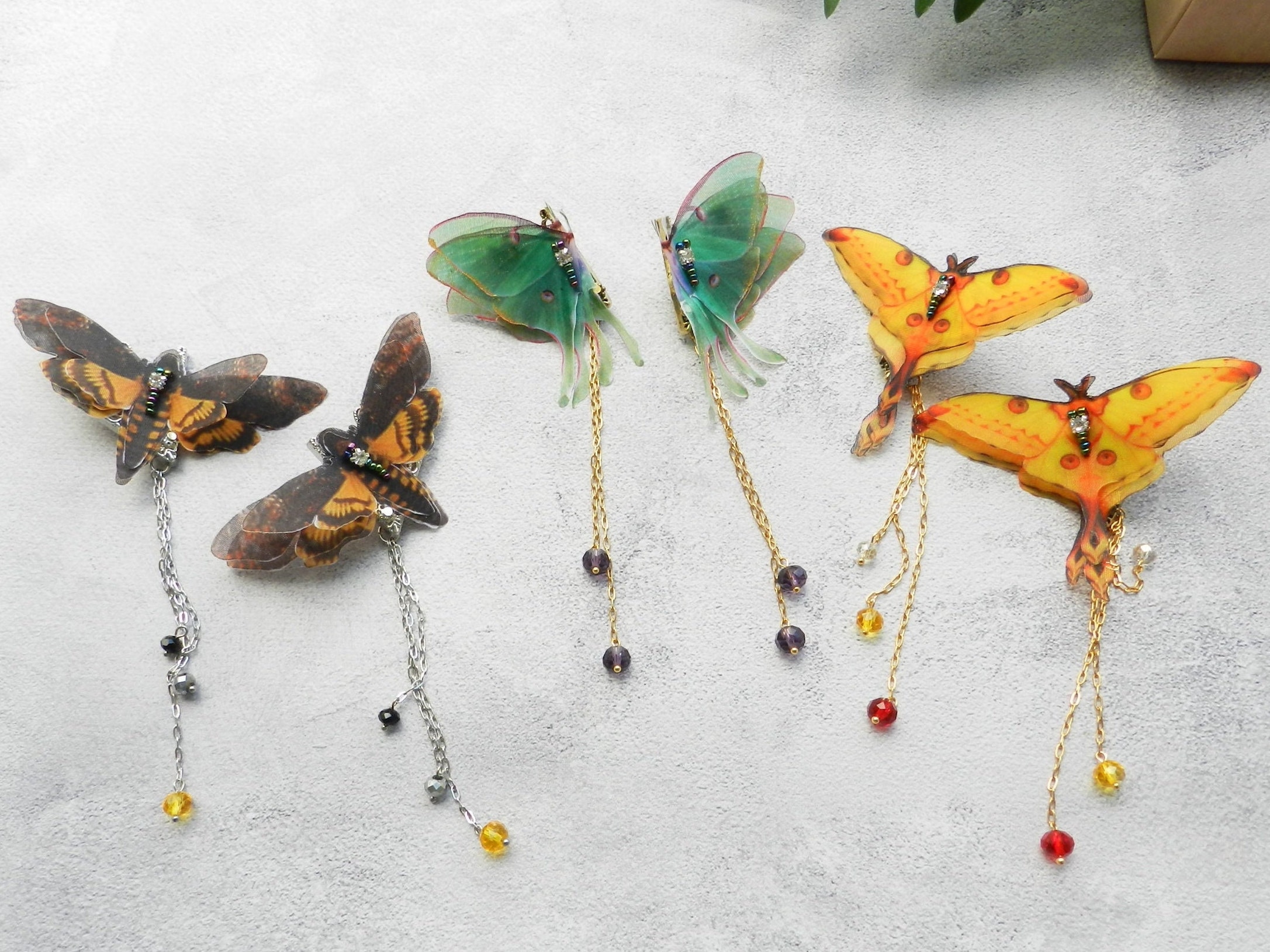 Silk Luna Moth Butterfly Collar Clip With Chains - Lapel Pin Brooch ...