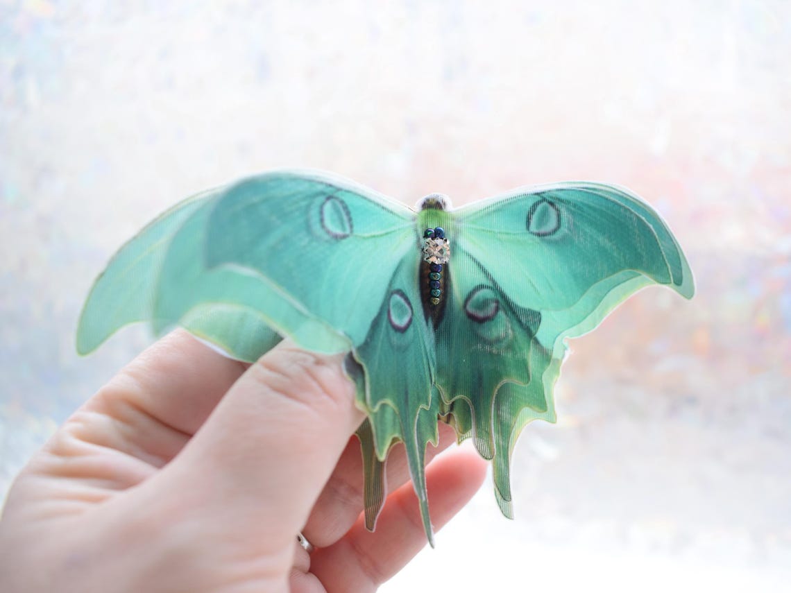 Green Silk Luna Moth Hair Clips With 3d Wings - Lightweight Hair ...