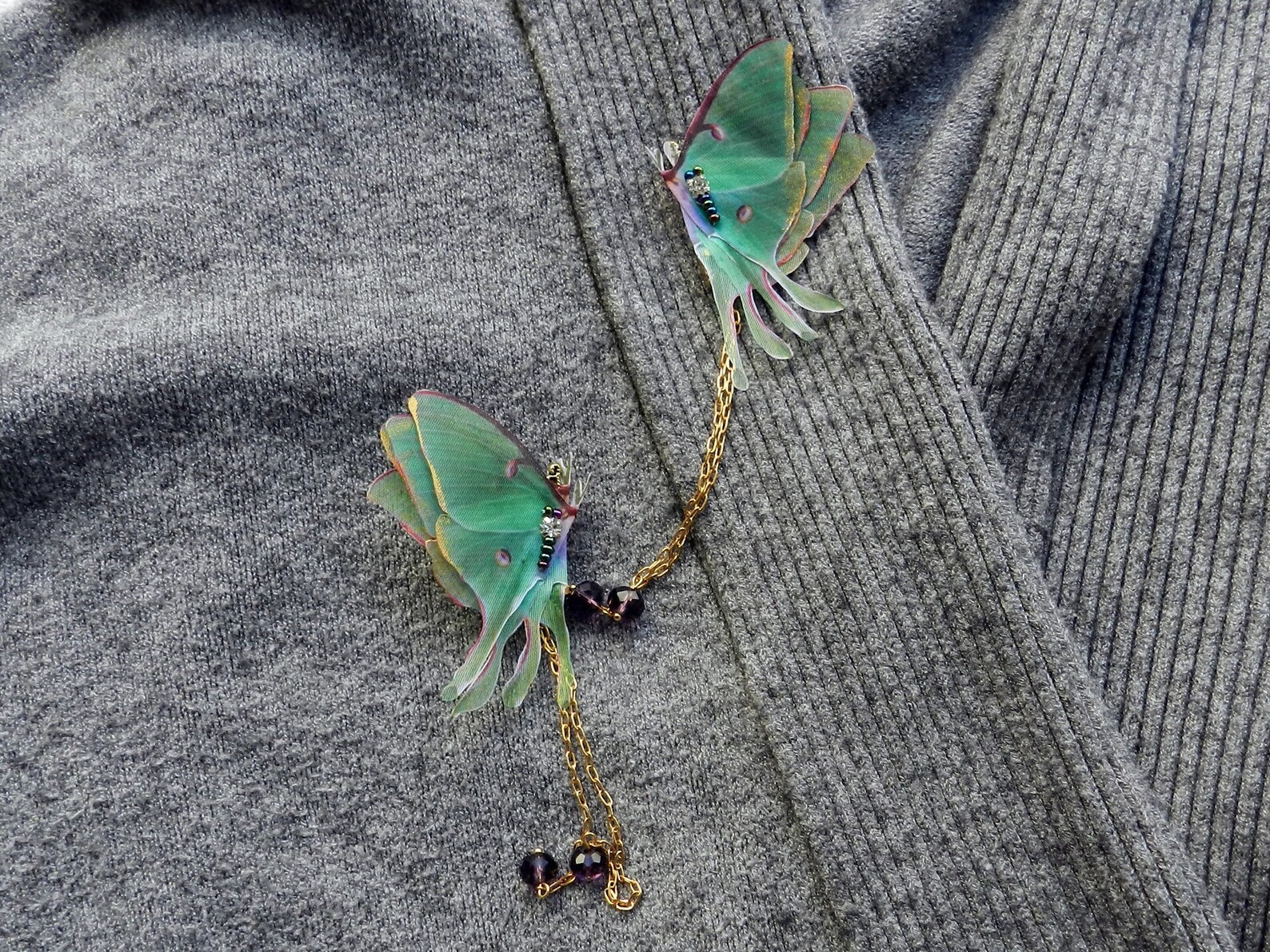 Silk Luna Moth Butterfly Collar Clip With Chains - Lapel Pin Brooch ...