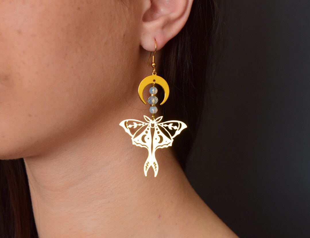 Celestial Golden Moon Moth Drop Earrings Unique Gift Jewellery for Girl ...