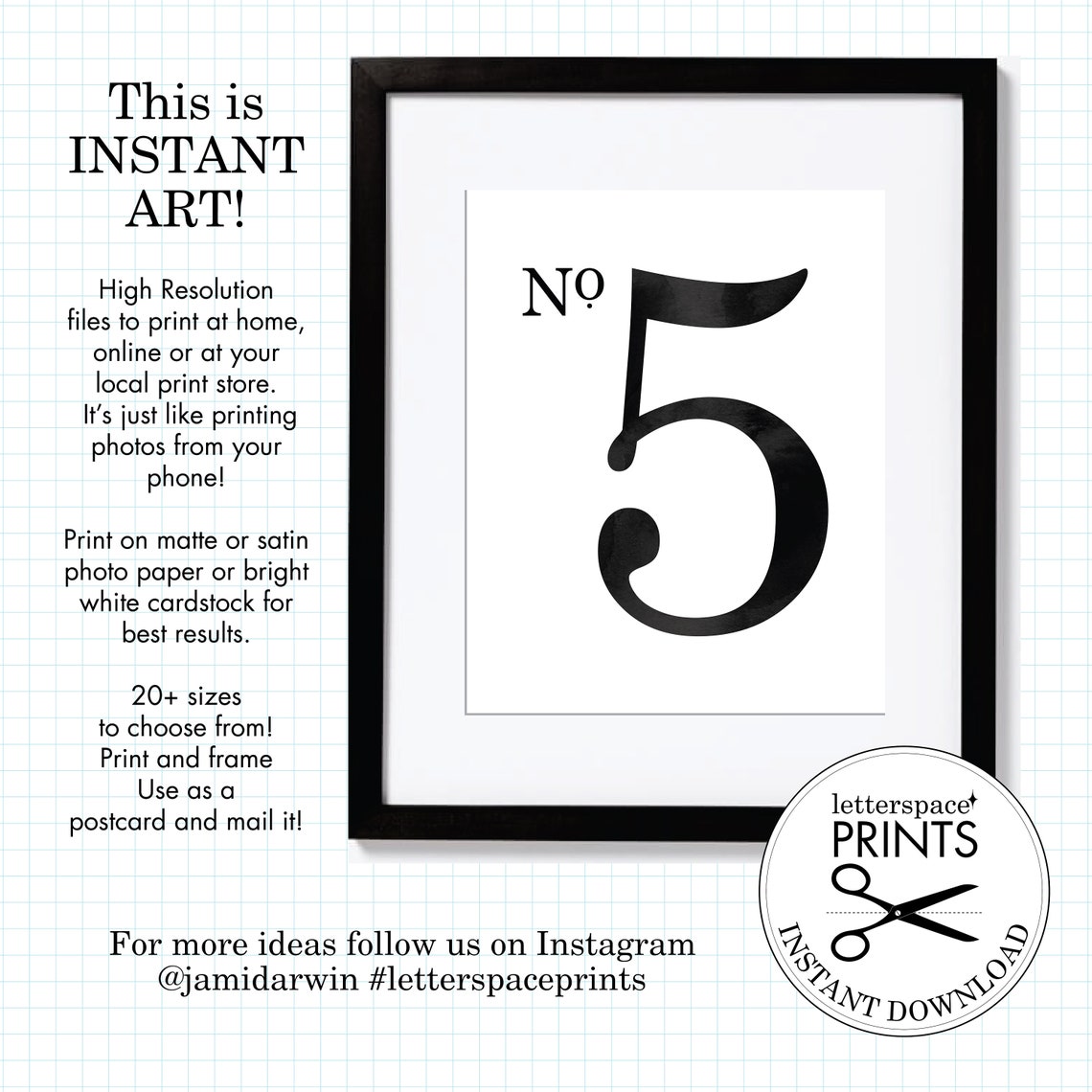 Number 5 Sign Number Prints PRINTABLE Art Black and White | Etsy