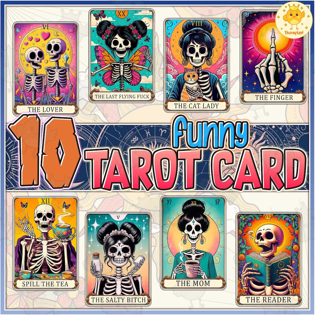 10 Funny Tarot Card Png Bundle, Sarcastic Sweary Skeleton Sublimation ...