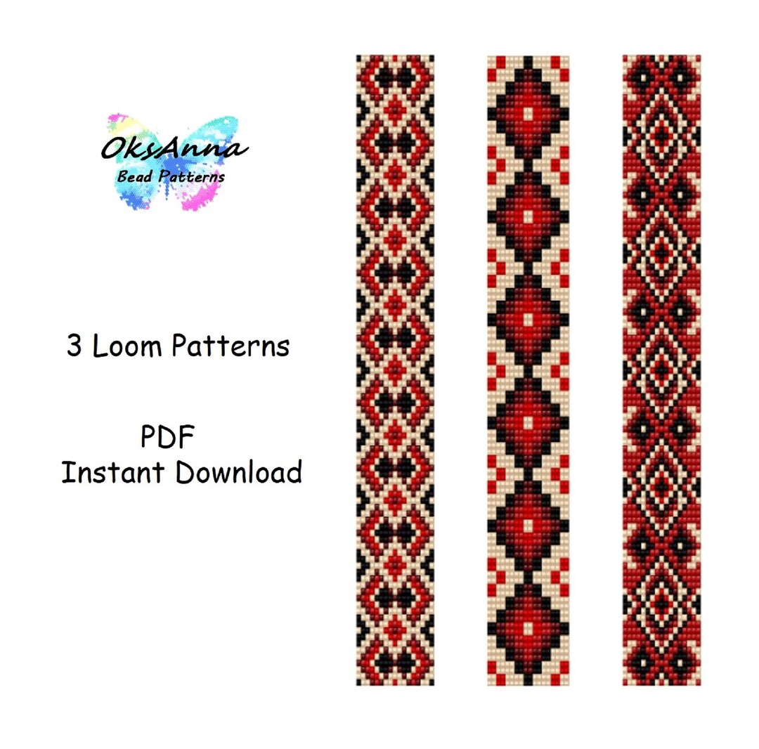 Red Beaded Loom Bracelet Pattern Set Miyuki Patterns Loom Weave ...
