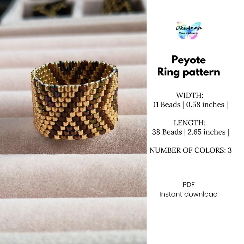 Beaded Ring Pattern Peyote Ring Design Geometric Seed Bead Ring Gold ...
