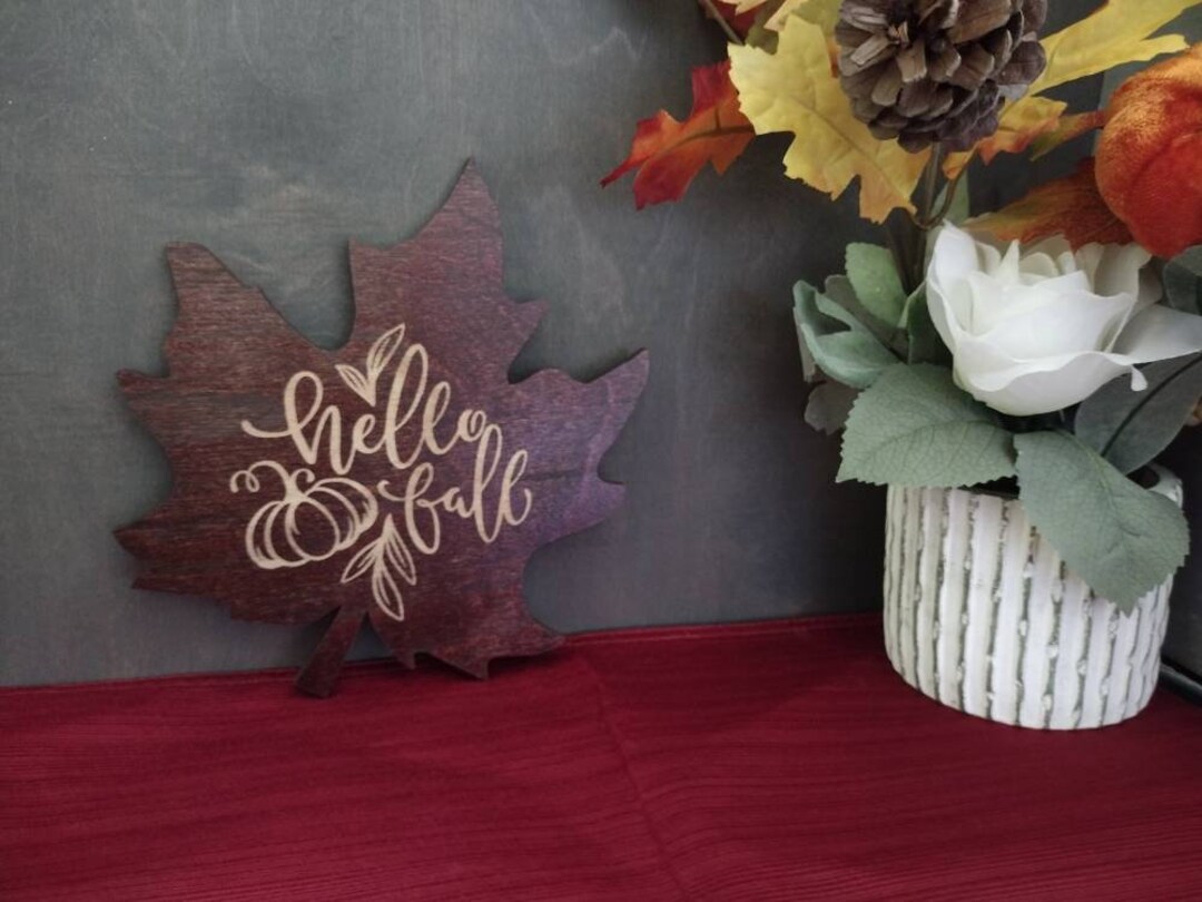 Hello Fall Leaf Wooden Sign - Laser Cut Birch Decor - Etsy