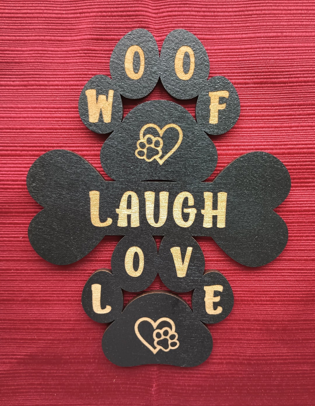 Woof Laugh Love Paw Print and Bone Wood Cutout, Wooden Dog Signs, Pet ...