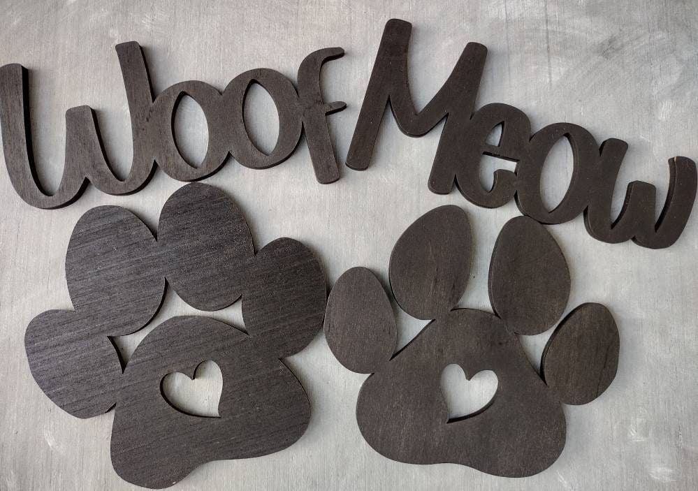 Woof or Meow Word Cutout and Paw Print Bundle Laser Cut - Etsy