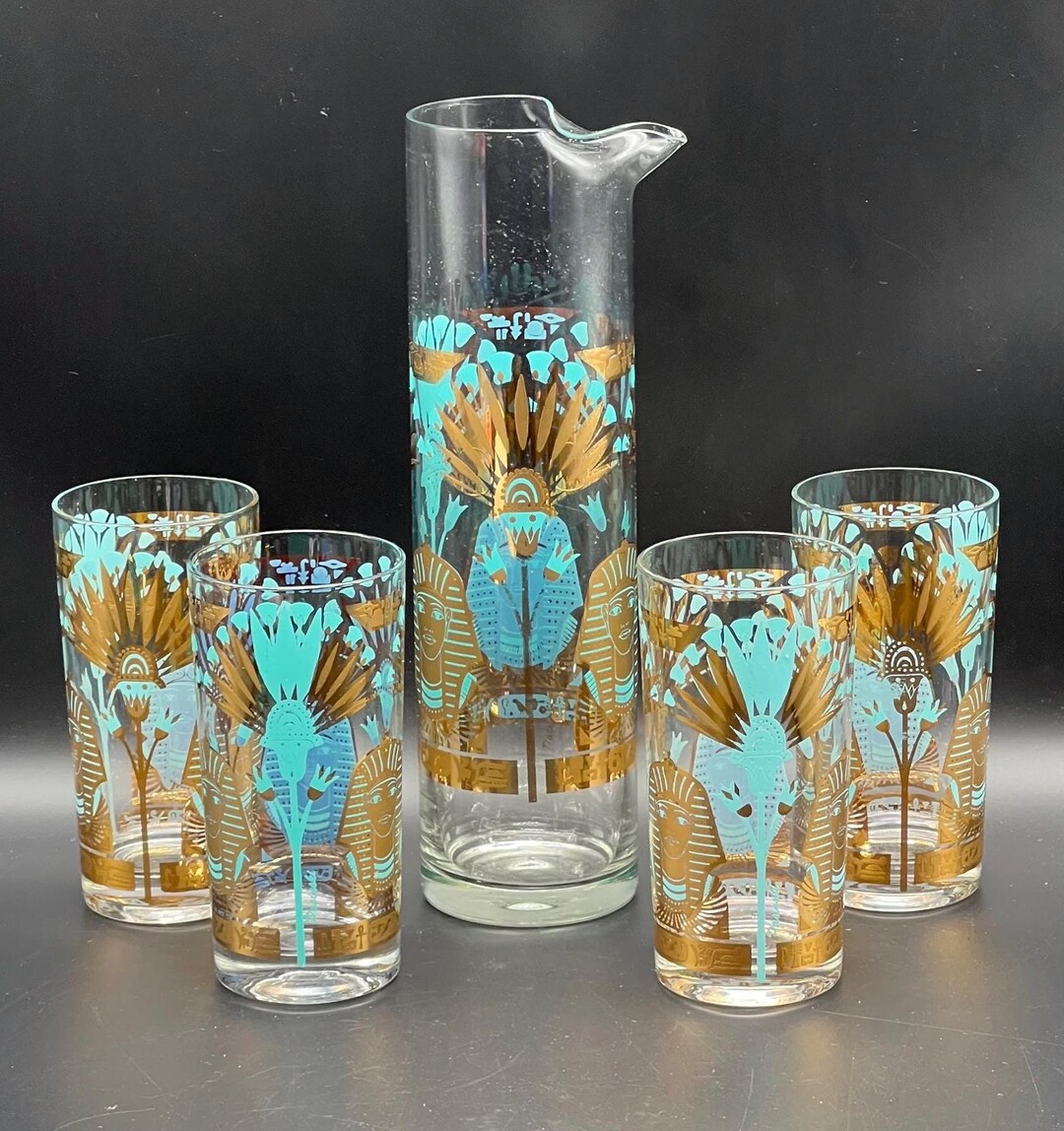 Pasinski Gold and Teal Pitcher and Four Highball Glasses - Egyptian ...