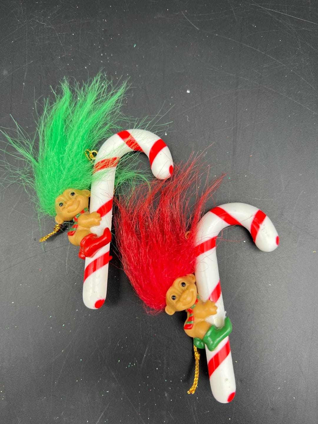 Two Vintage Russ Peppermint Candy Cane Troll Doll Red Hair and Green ...