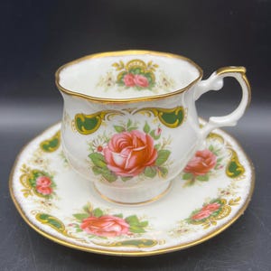 Queen's Rosina Barmoral Tea Cup Saucer White W/ Green Accent Pink Roses ...