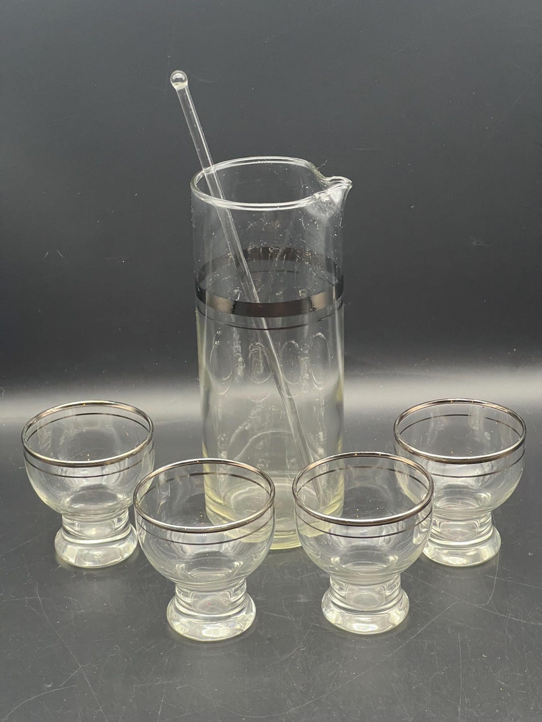 Vintage Martini Cordial Lowball Set Platinum Banded W/ Glass Stirrer 6 ...