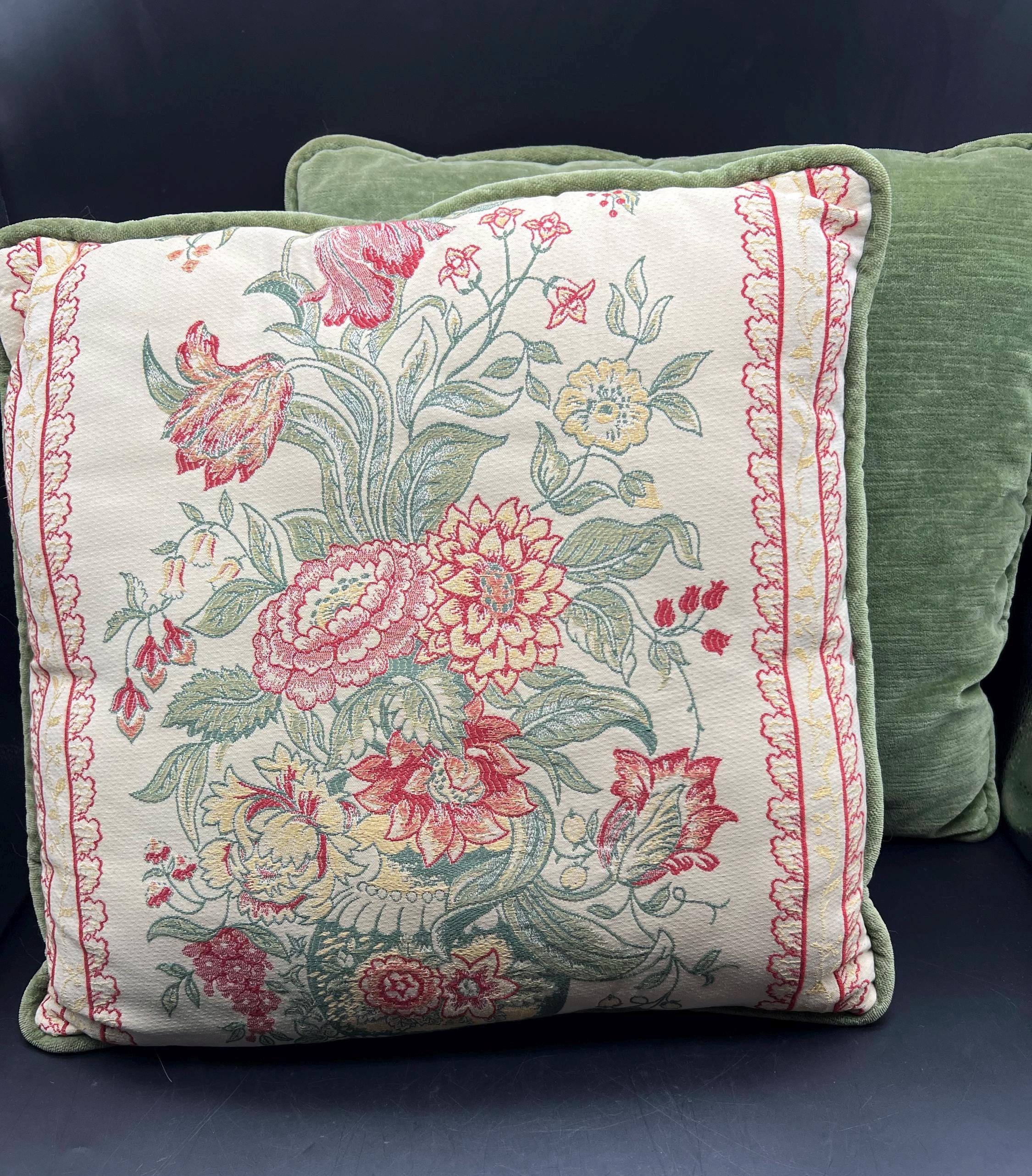 Two High End Floral Throw Pilows Velvet Back Green Red Rust Pink Yellow ...