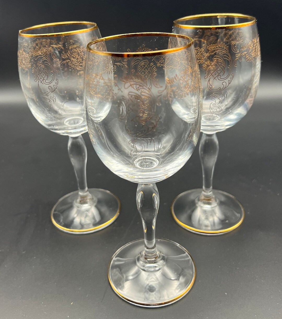 Three Gold Etched Ornate Wine Glasses 6.75 Tall - Etsy