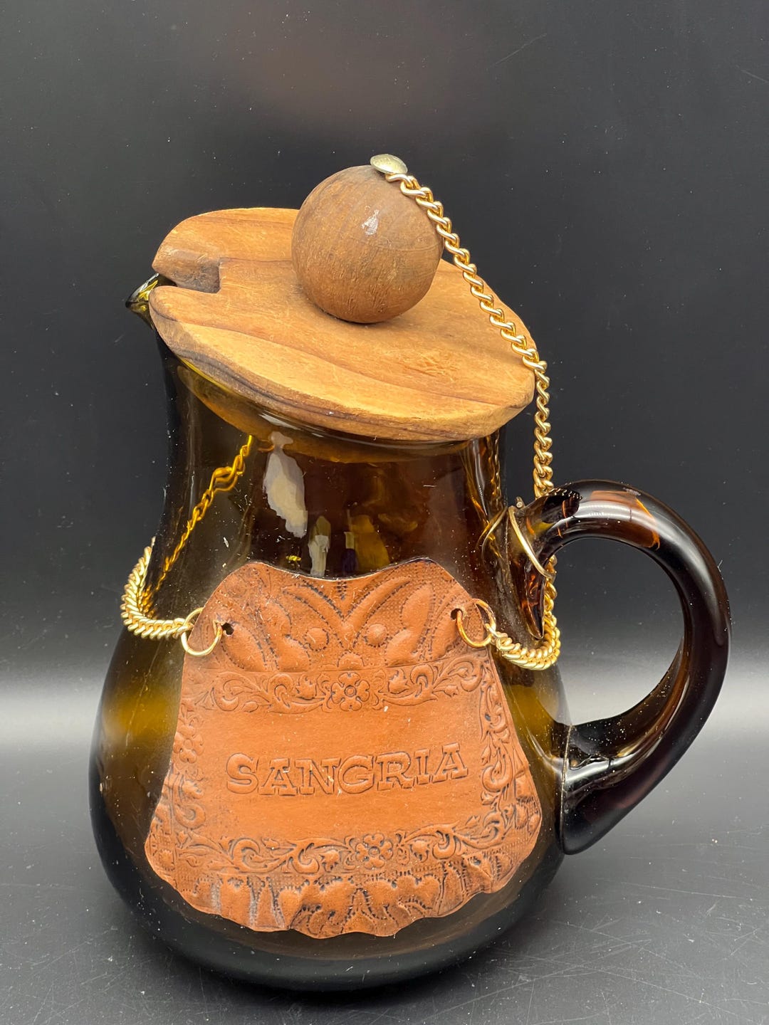 Vintage Sangria Pitcher Wooden Lid Leather and Chain 9 X 7 - Etsy