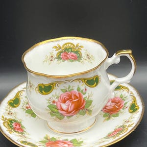 Queen's Rosina Barmoral Tea Cup Saucer White W/ Green Accent Pink Roses ...