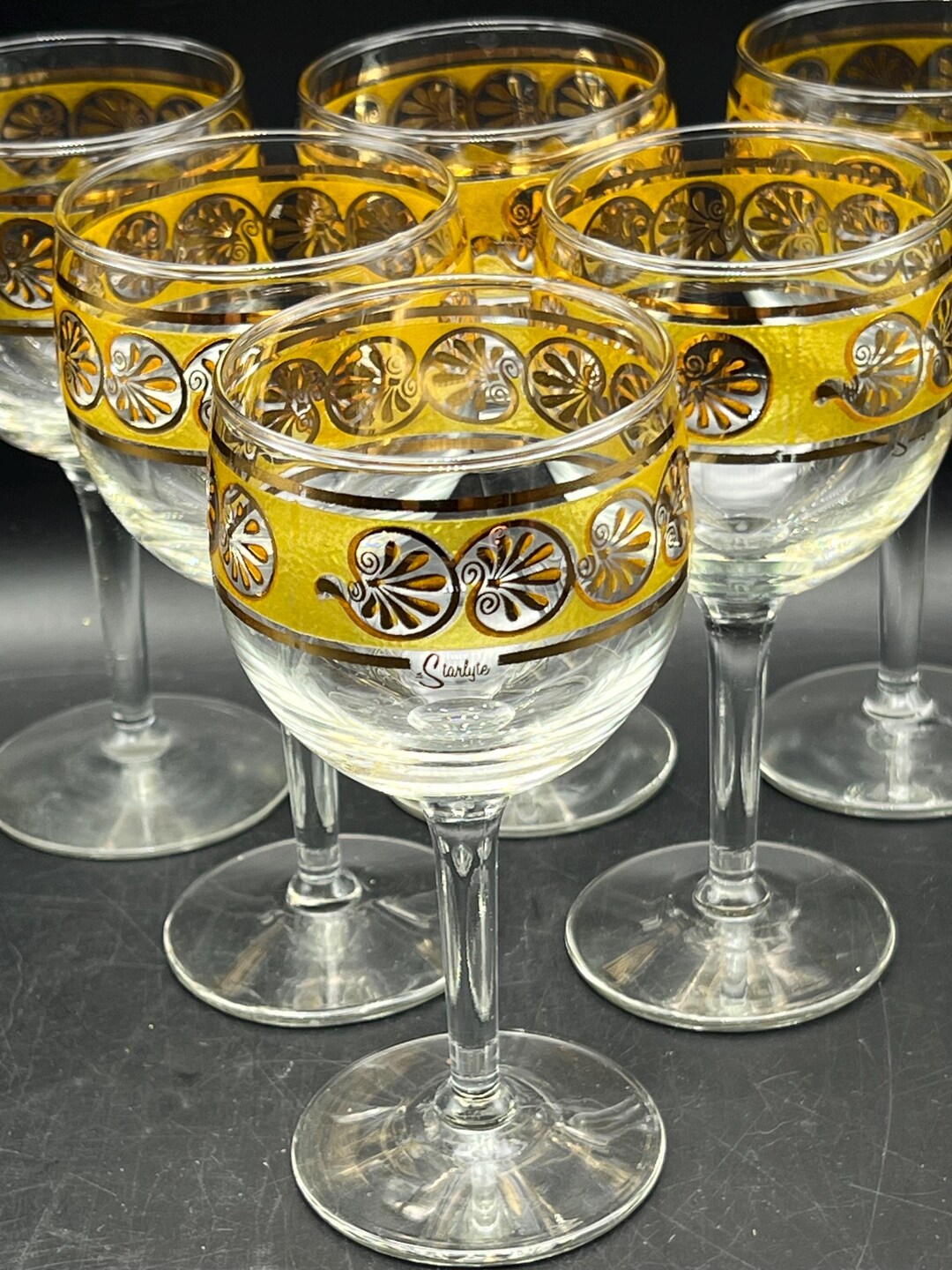 Six MCM Starlyte Gold Swirl Pattern Wine Glasses Stemware Glassware Set ...