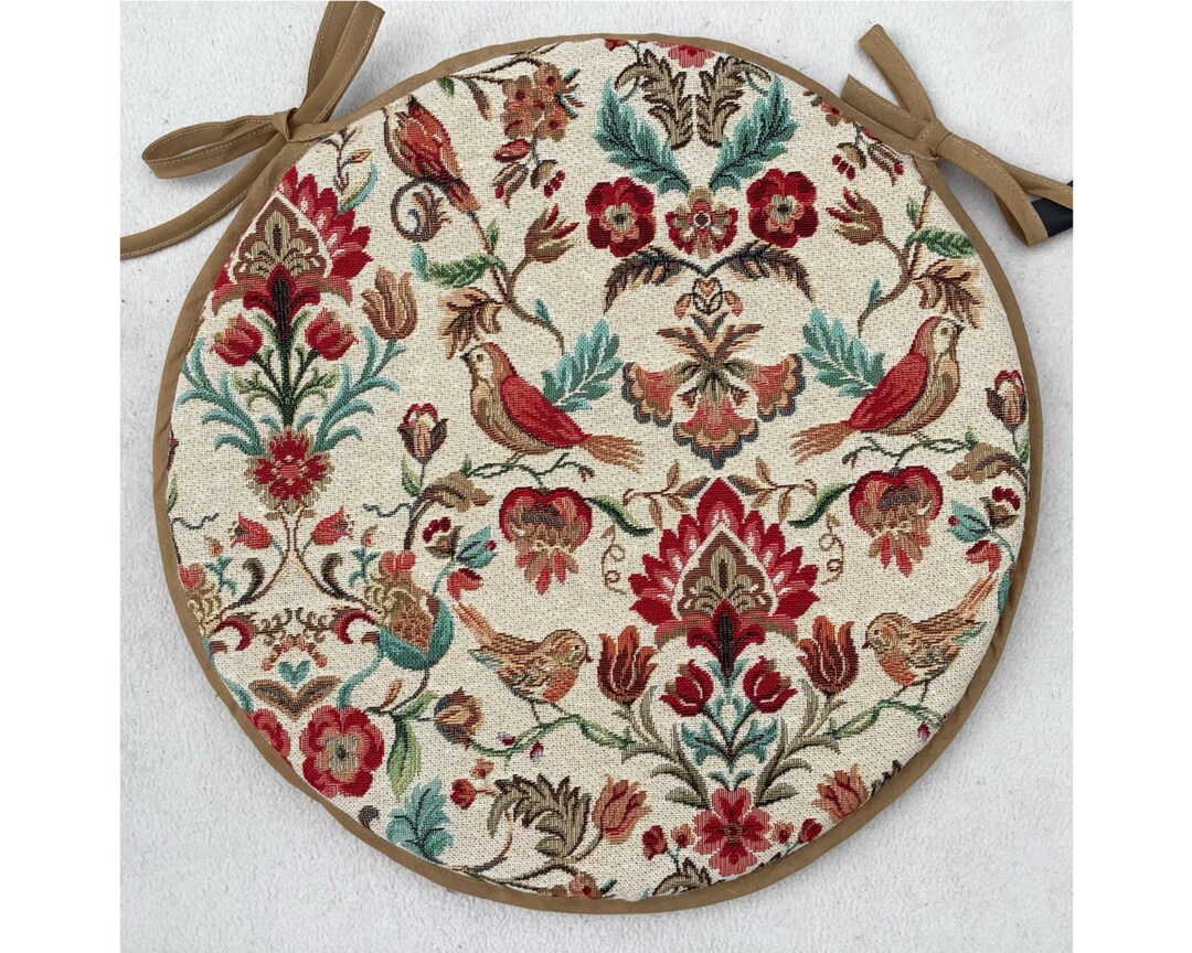 William Morris Style Red Bird Pattern Tapestry Weave Round Bistro Style ...