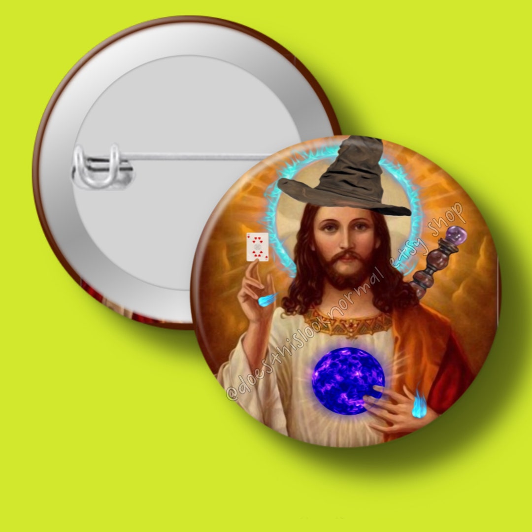 Pinback Button, 1.25in, Wizard, Jesus, Parody, Sorcery, Dungeons, Magic ...
