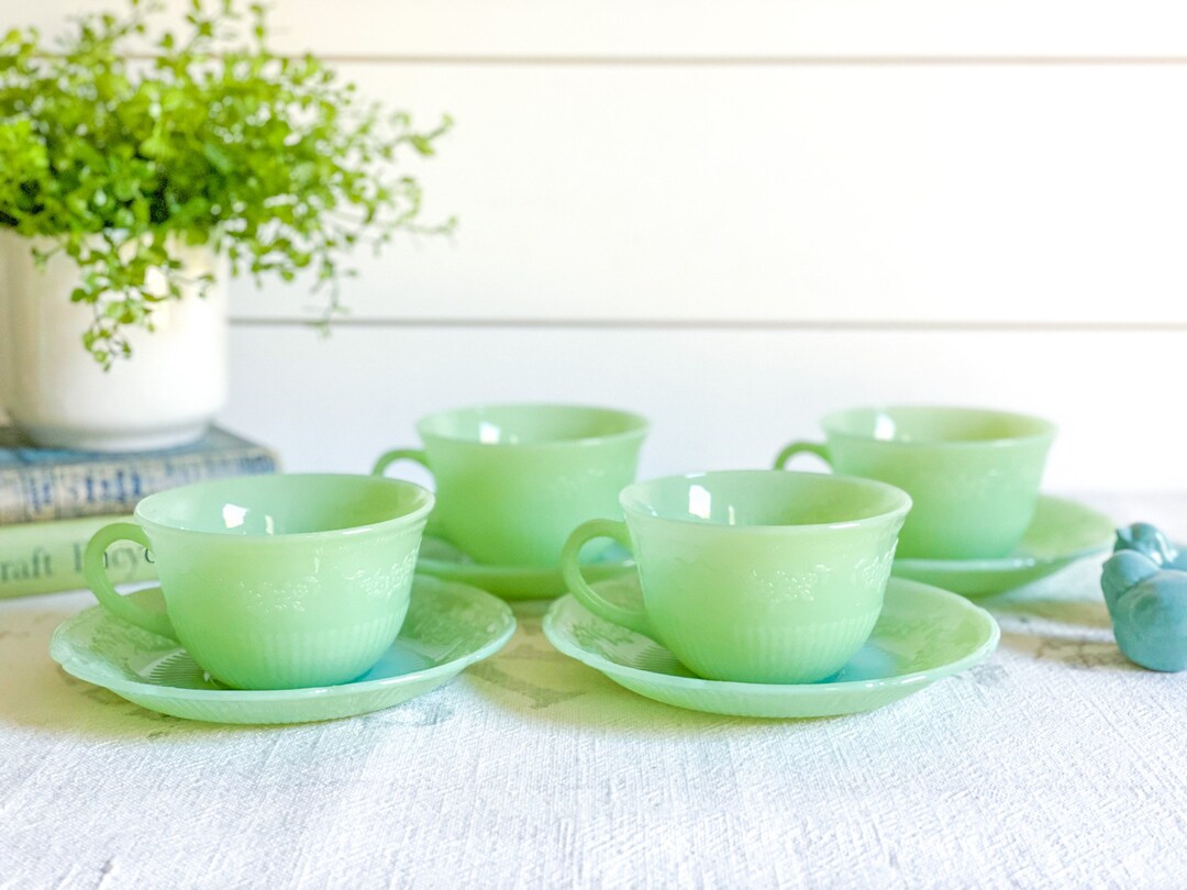 Vintage Set of Jadeite Fire King Alice Teacups & Saucers Jadite Mint ...