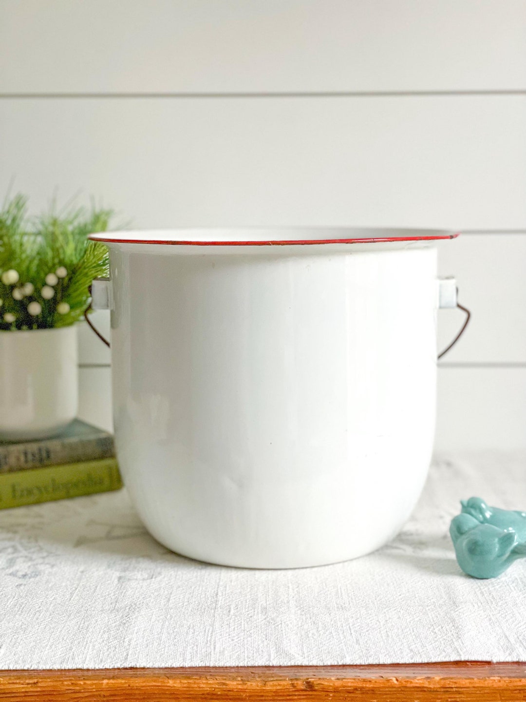 Vintage White Enamel Slop Bucket; White & Red Waste Pail; Enamelware ...