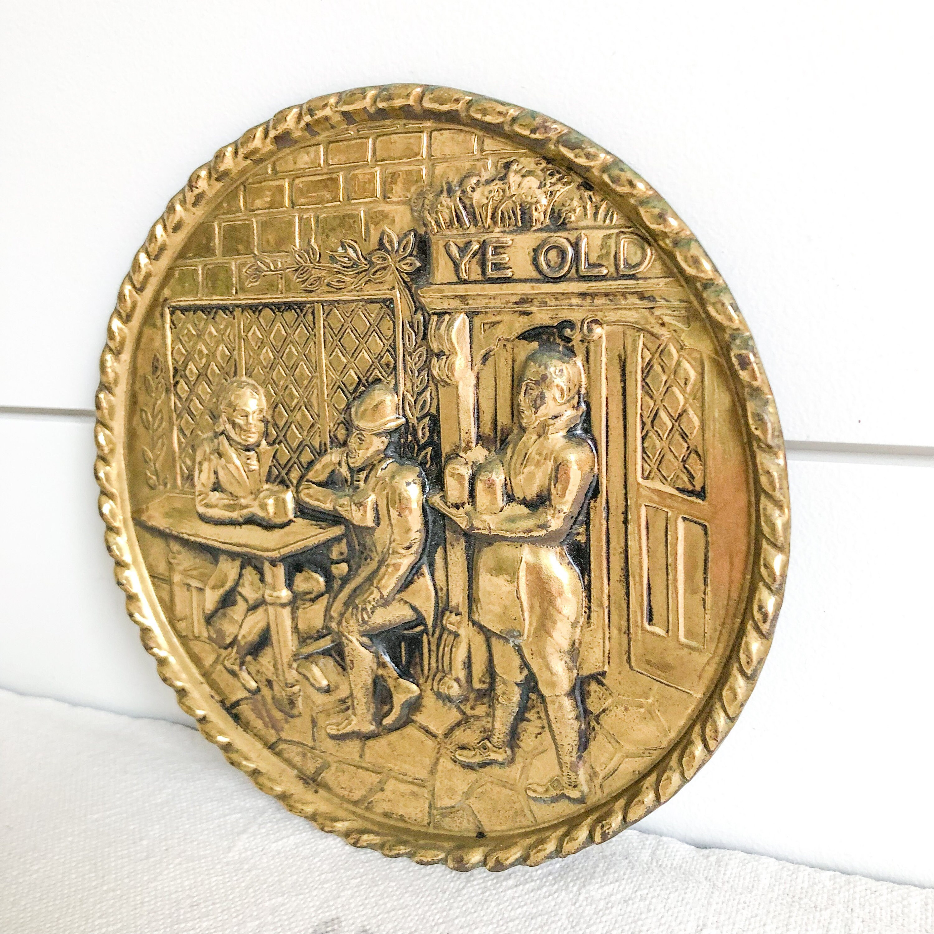 Vintage English Brass Repousse Wall Plaque; Round Embossed Brass Wall ...