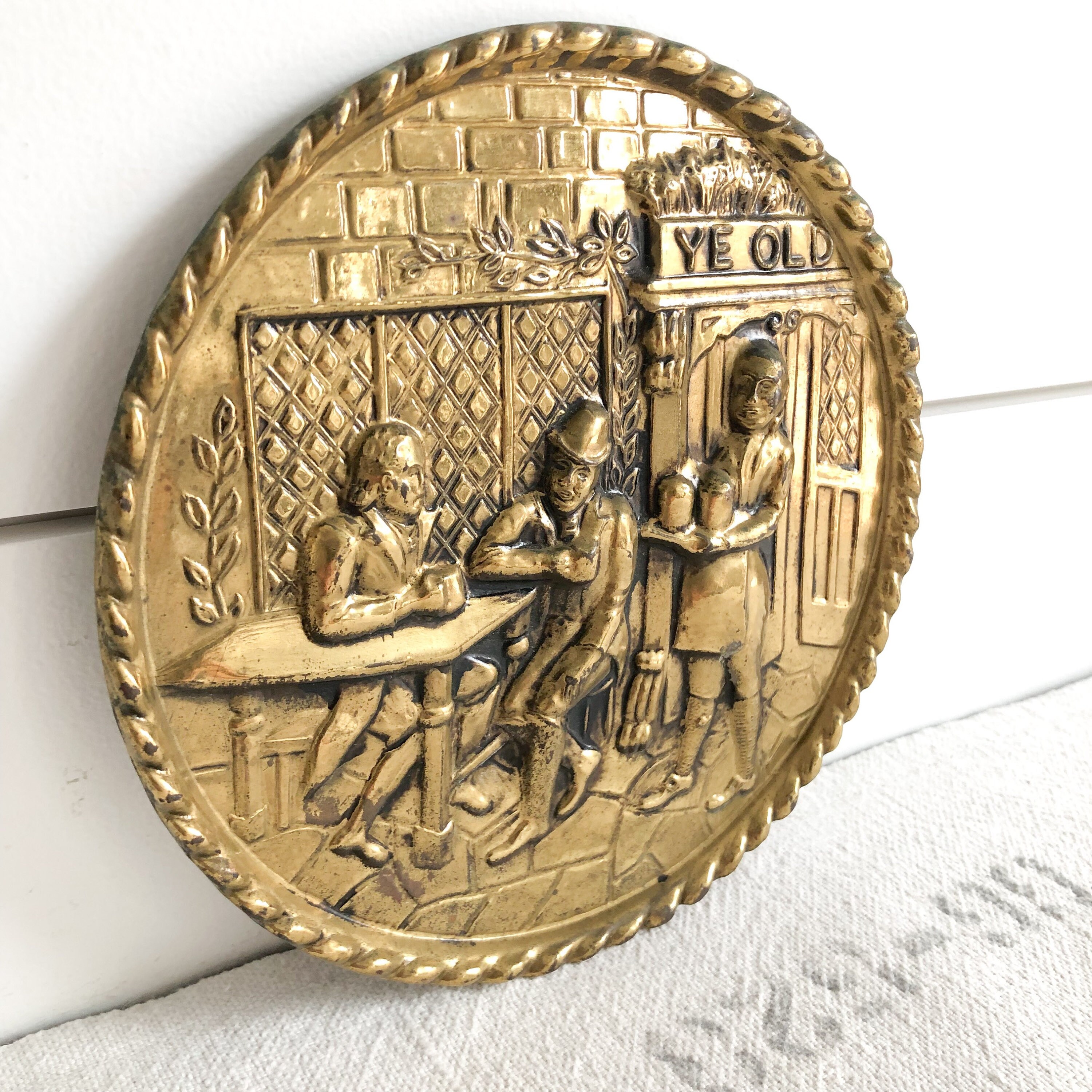 Vintage English Brass Repousse Wall Plaque; Round Embossed Brass Wall ...