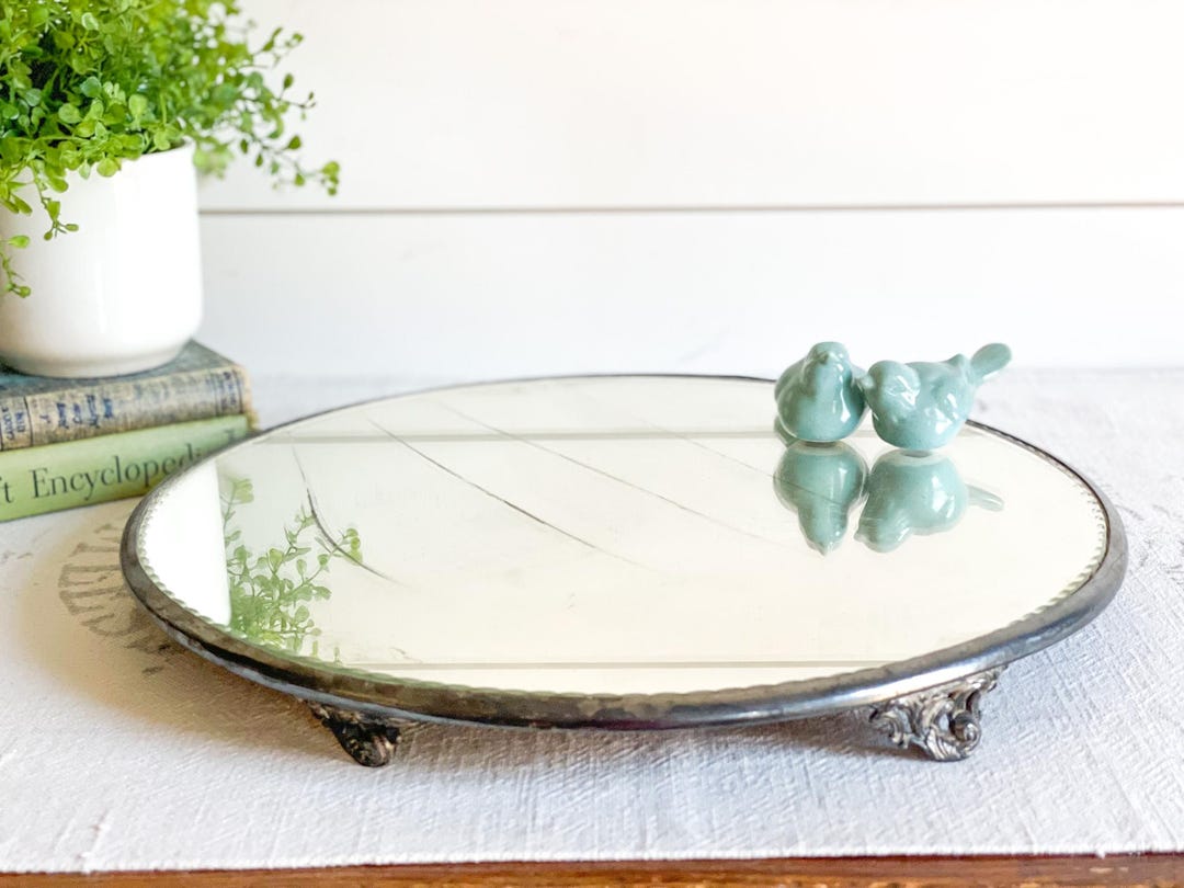 Large Round Silver Mirrored Plateau W/ Scalloped Edge; Ornate Riser ...