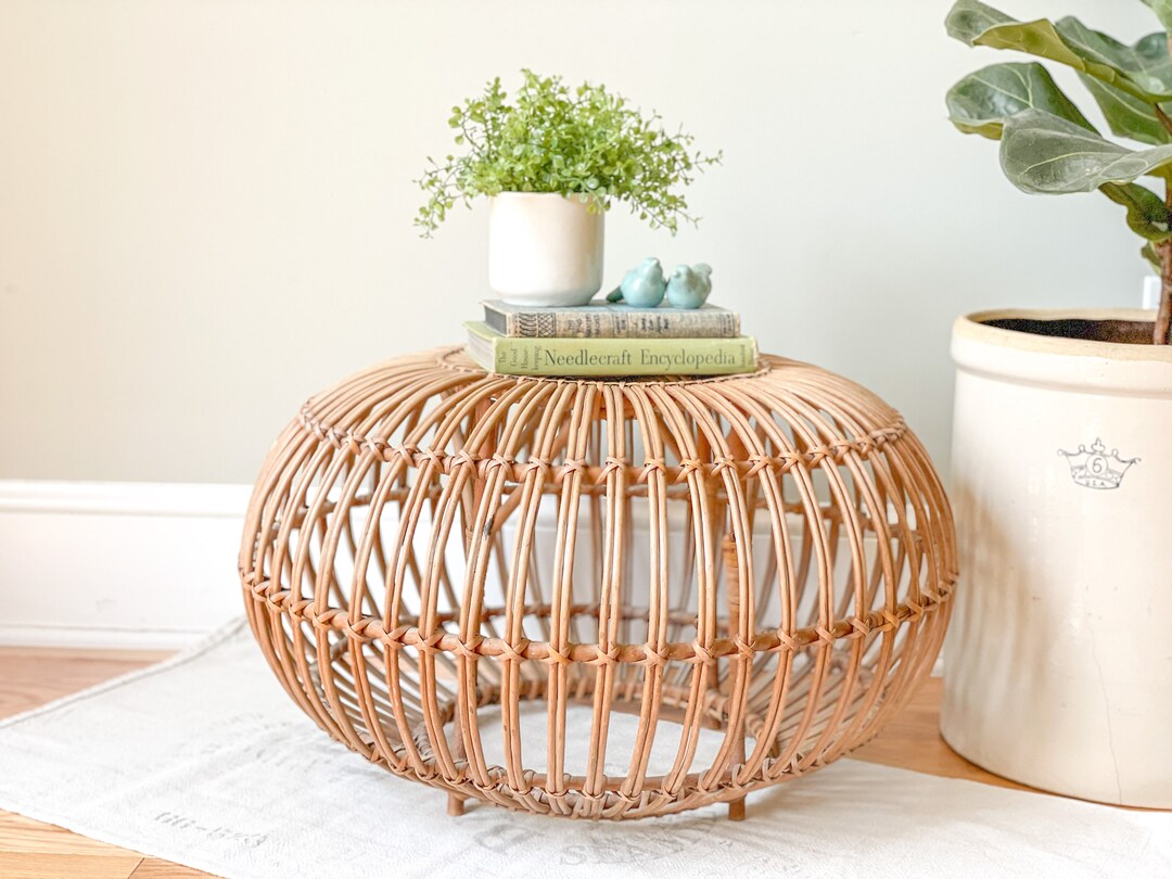 Vintage Bamboo Wicker Pouf Franco Albini Style Handwoven Rattan Round ...