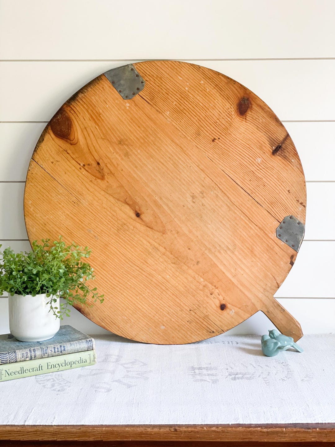 Vintage Wooden Bread Board; Large Round Wood Bread Server W/ Handle ...