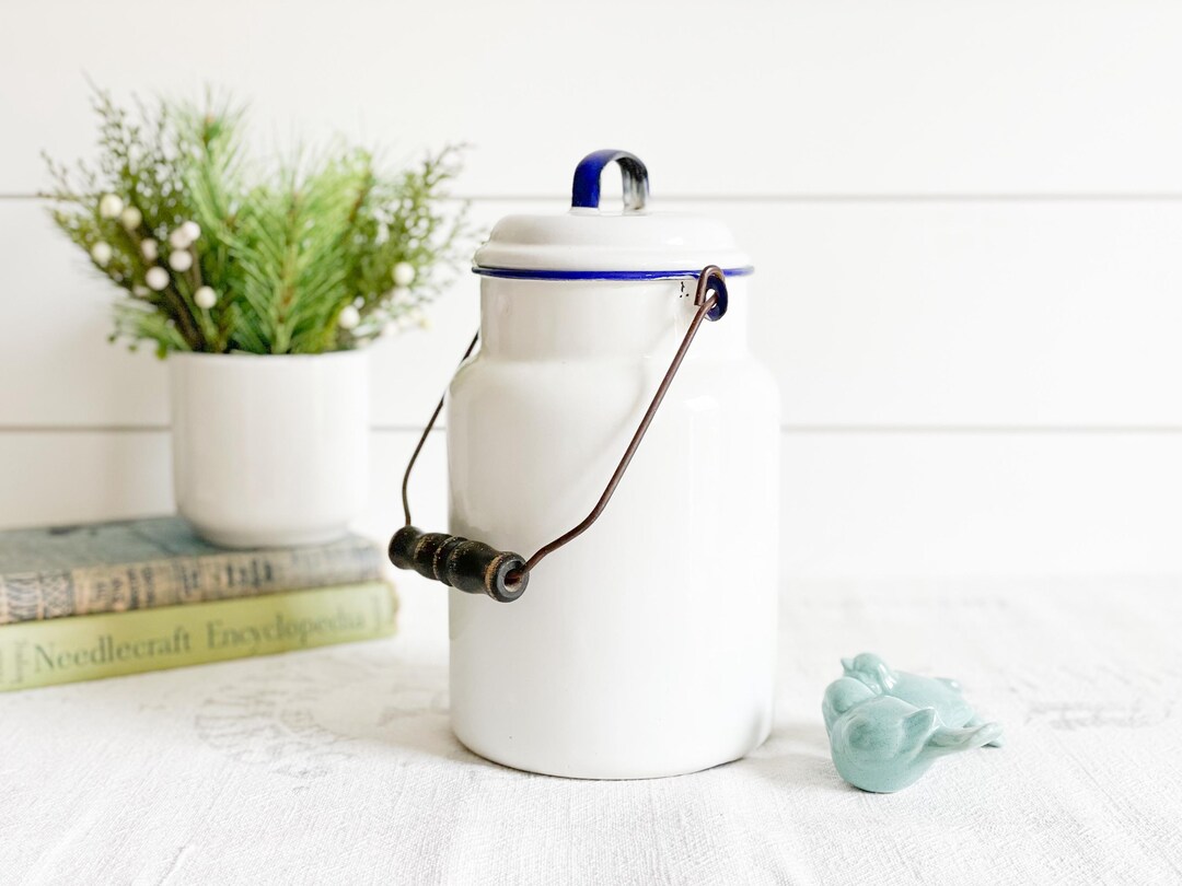 White Enamel Cream Container W/ Twist-off Lid & Handle; Enamelware Milk ...