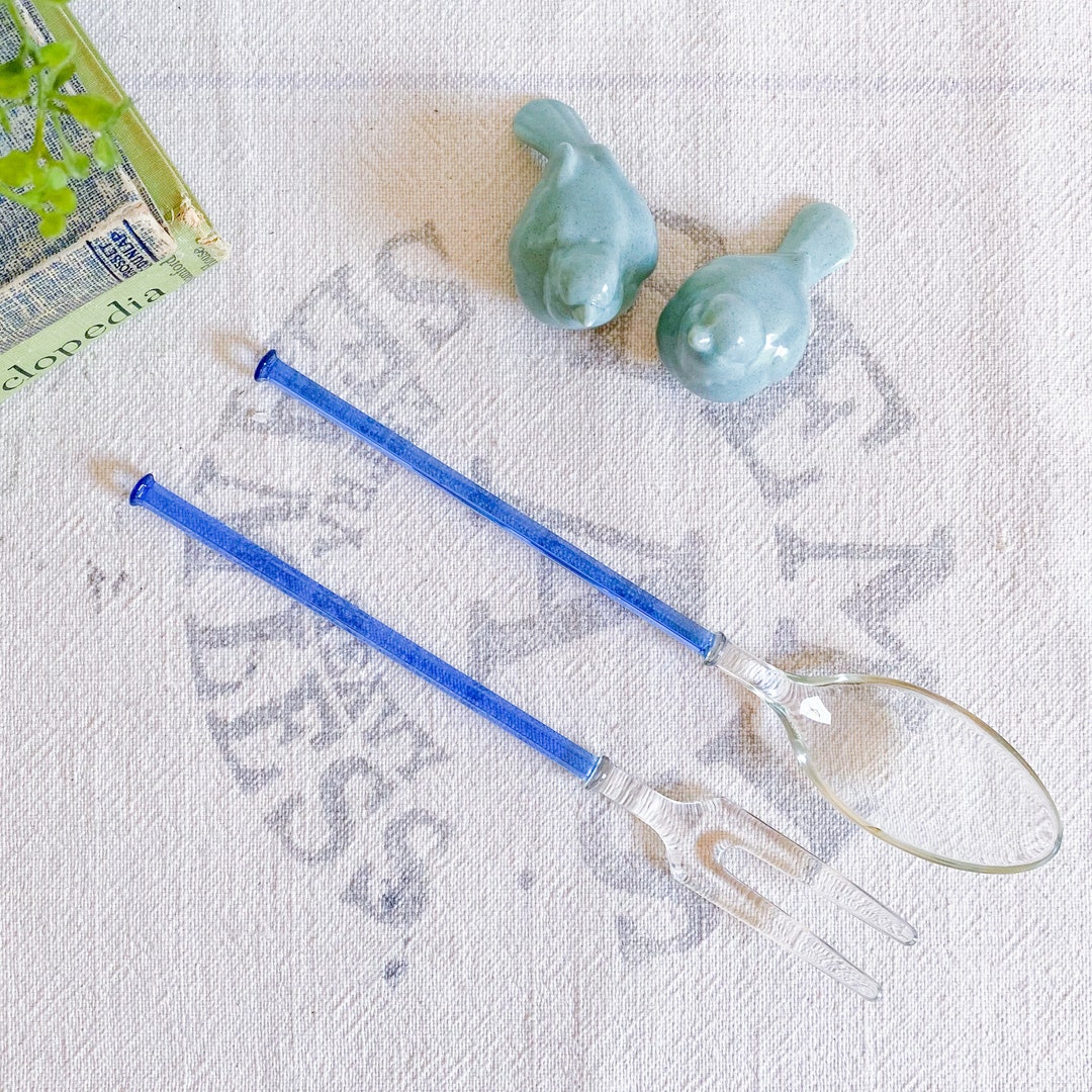 Vintage Clear, Blue Glass Salad Serving Spoon & Fork; Cobalt Blue Glass ...